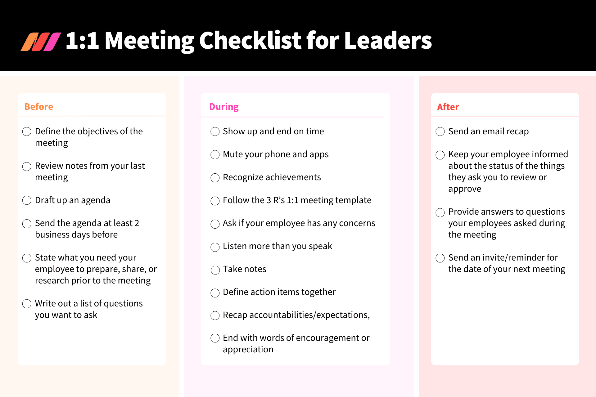1:1 Meeting Checklist: What To Do Before, During, and After